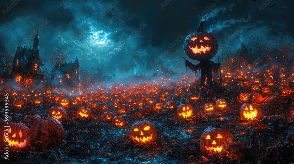 A creepy pumpkin patch at twilight, glowing jack-o'-lanterns with eerie ...