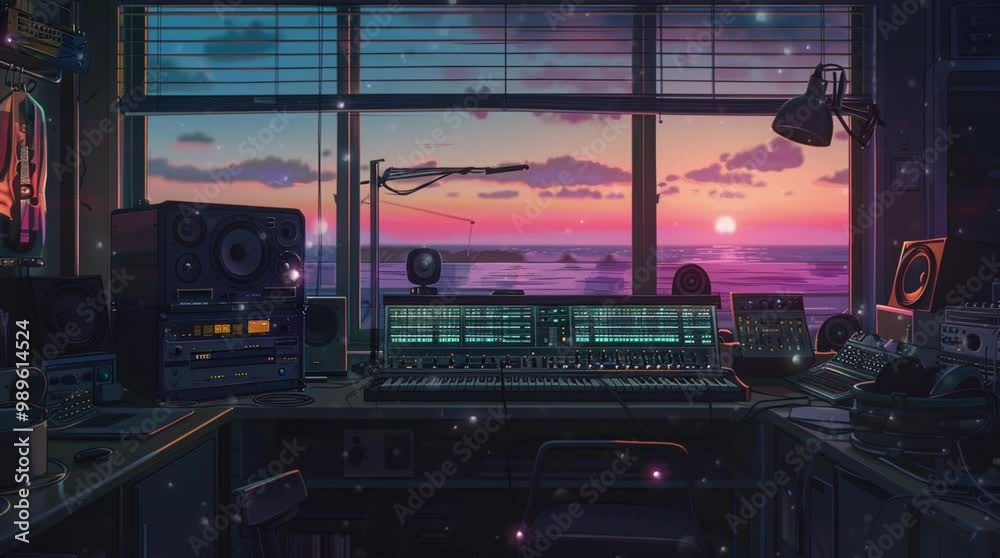 Music room with instruments by a window showcasing a glowing sunset sky ...