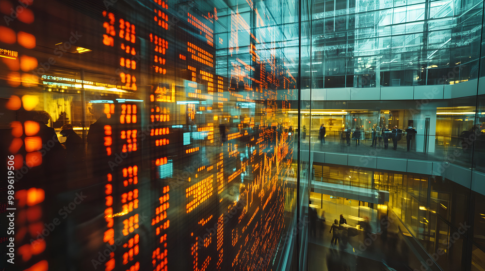A European bank headquarters with a massive digital ticker displaying ...