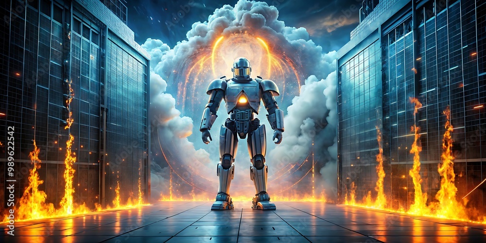 AI Firewall A massive robotic guardian standing in front of a gate of ...