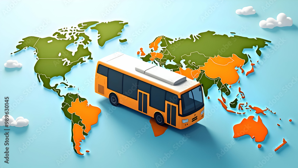 Global Travel Concept: Yellow Bus on Illustrated World Map for ...