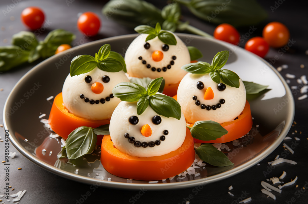 Caprese snowman bites. Cute mozzarella cheese balls, tomato slice and ...