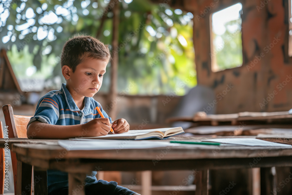 Young boy studying in a makeshift classroom, impacted by war or natural ...