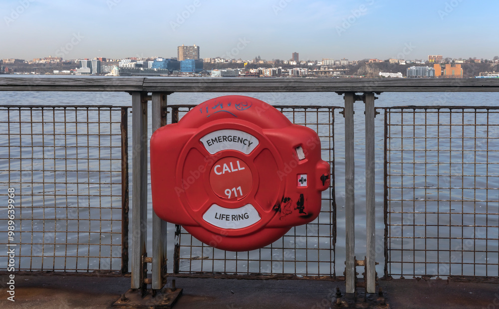 Emergency life ring cabinet installed along the Battery park esplanade ...