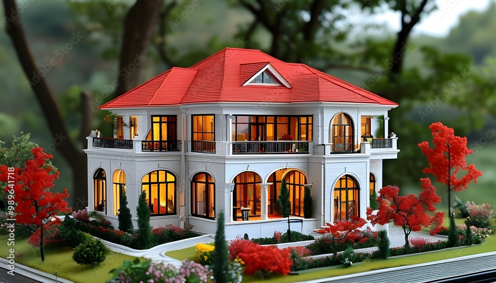 Exquisite miniature model of a luxurious two-story home featuring a red ...