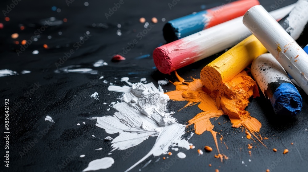 A collection of colorful broken chalk sticks and powder spread on a ...