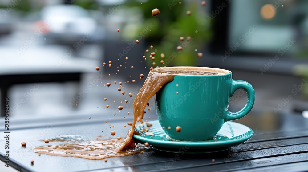 Overflowing coffee splash captured in vibrant motion spilling from a ...