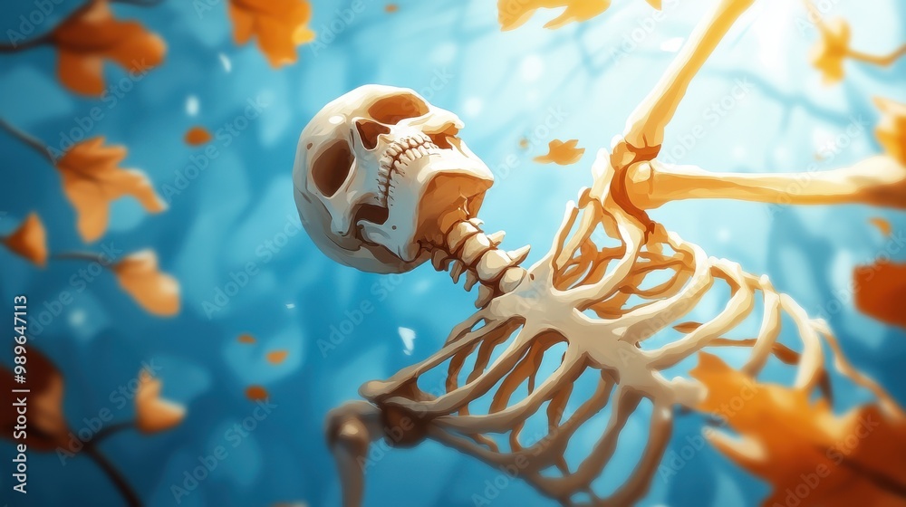 A skeleton is depicted lying peacefully among falling autumn leaves ...