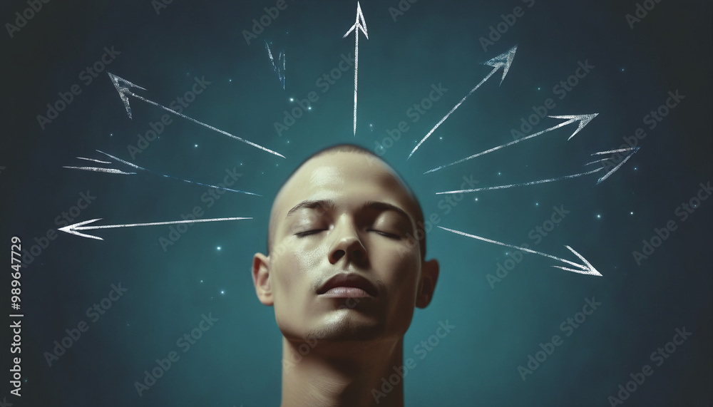 Illustrative graphic depiction of a deep thinking person surrounded by ...