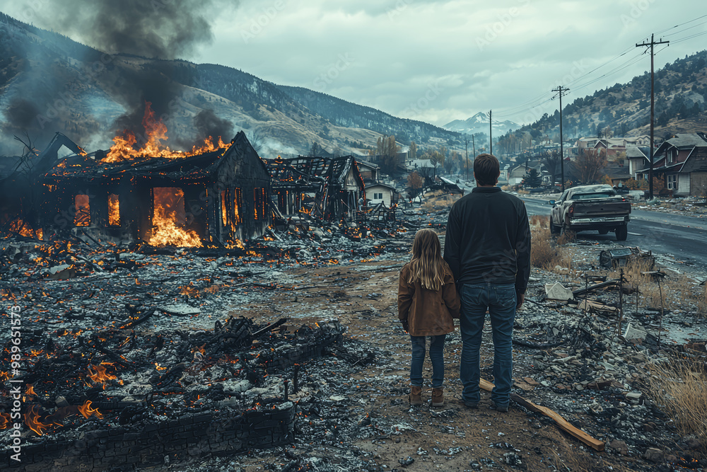 A family standing outside their charred home, which has been completely ...