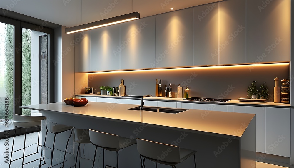 Chic modern kitchen featuring recessed LED lighting that accentuates ...