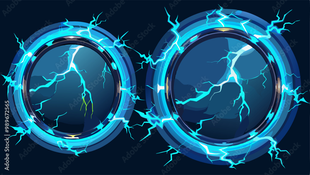 Electric lightning frames, circle digital glowing borders in front and ...