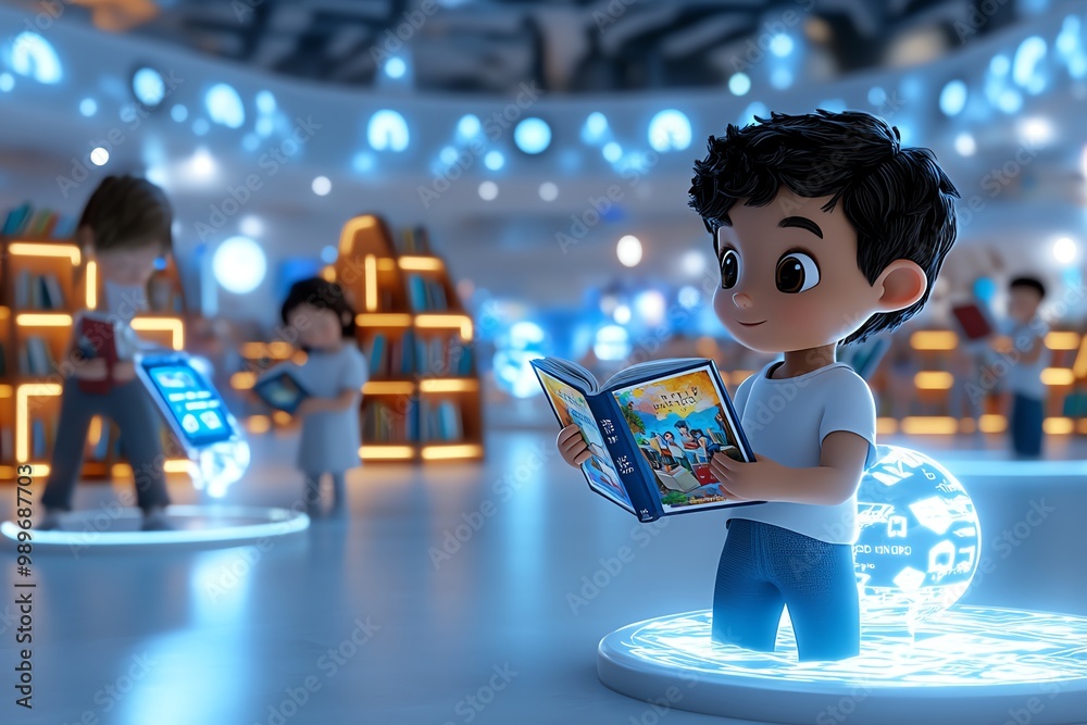 A 3D-animated scene of children reading in a futuristic library, with ...