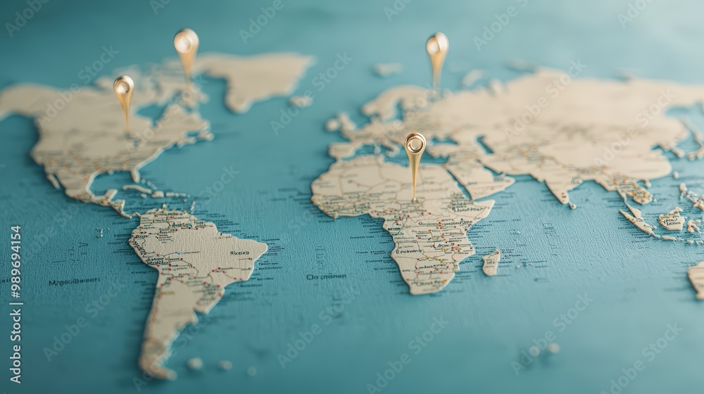 A detailed world map with pins glowing on key locations, symbolizing ...