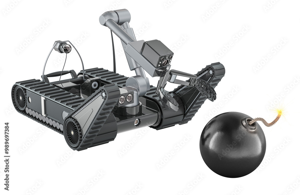 Bomb disposal robot and black round bomb with burning fuse, 3D ...