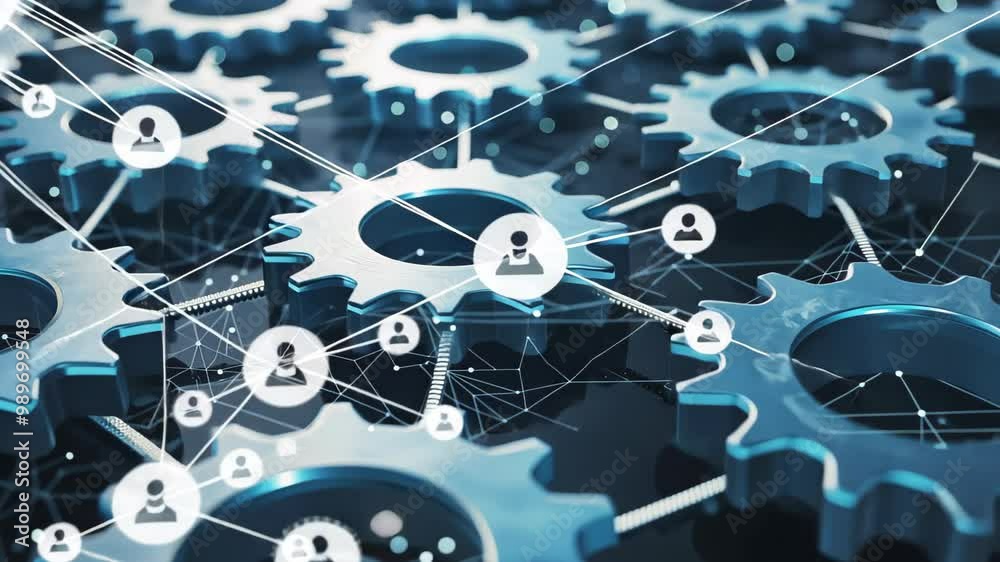 A close-up of interlocking metallic gears symbolizes collaboration in a digital landscape ...