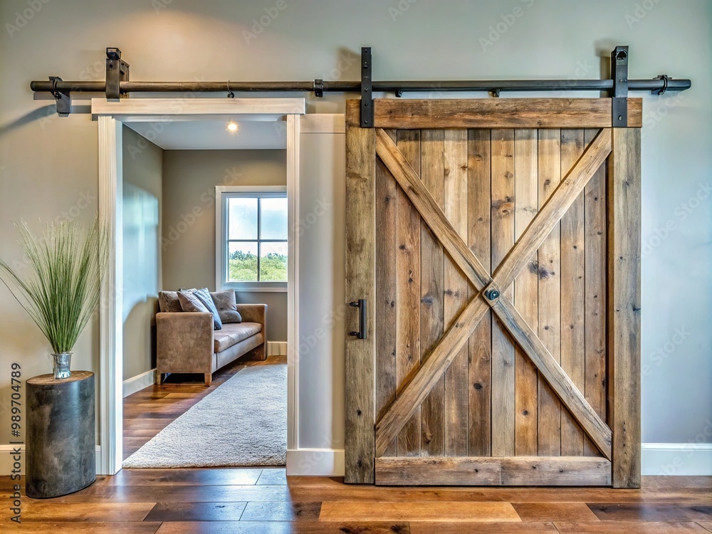 Rustic wooden sliding barn door with metal hardware and worn patina ...