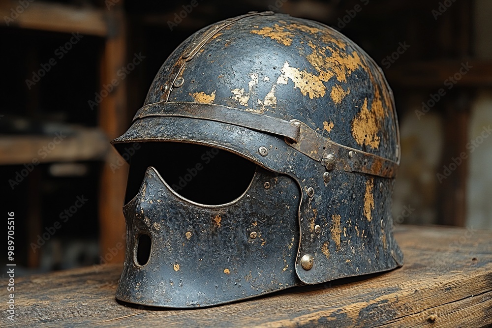 Weathered War Helmet on Display, Symbolizing History and Resilience in ...