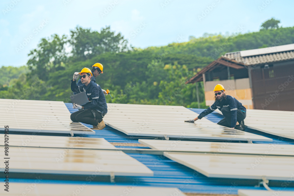 Worker Technicians are working to construct solar panels system on roof ...