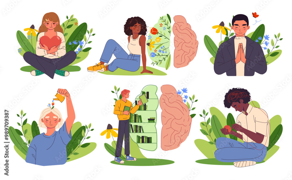 Mental health. Happy characters with healthy mindset and wellbeing ...