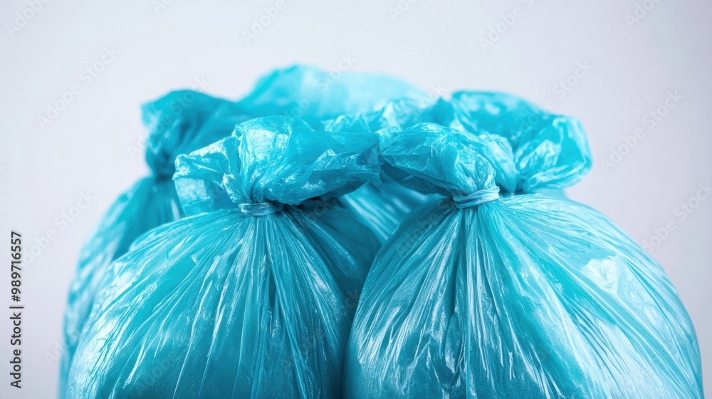 Several blue plastic garbage bags are stacked together, ready for ...