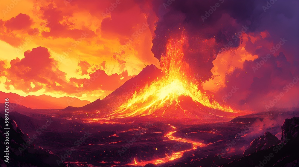 Explosive volcanic eruption, rivers of lava cutting through the ...