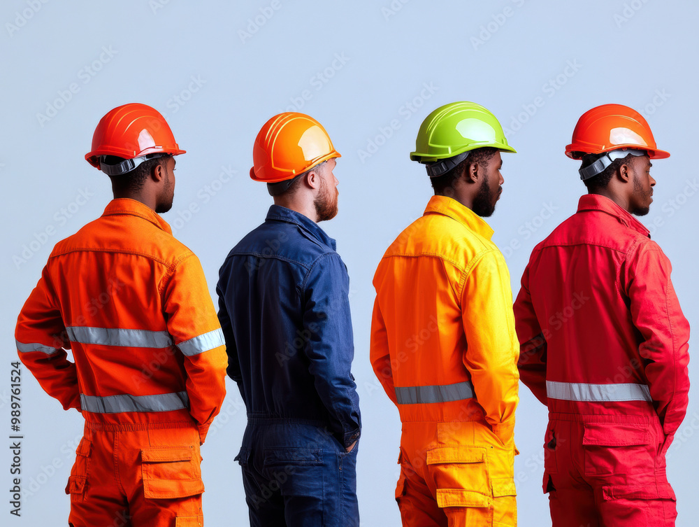 Four workers in vibrant safety attire and helmets showcase unity and ...