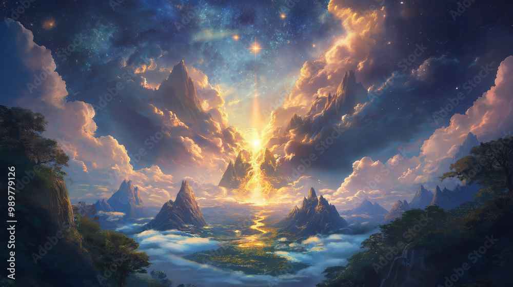 Create an image depicting a mythical scene of a sky god and an earth ...
