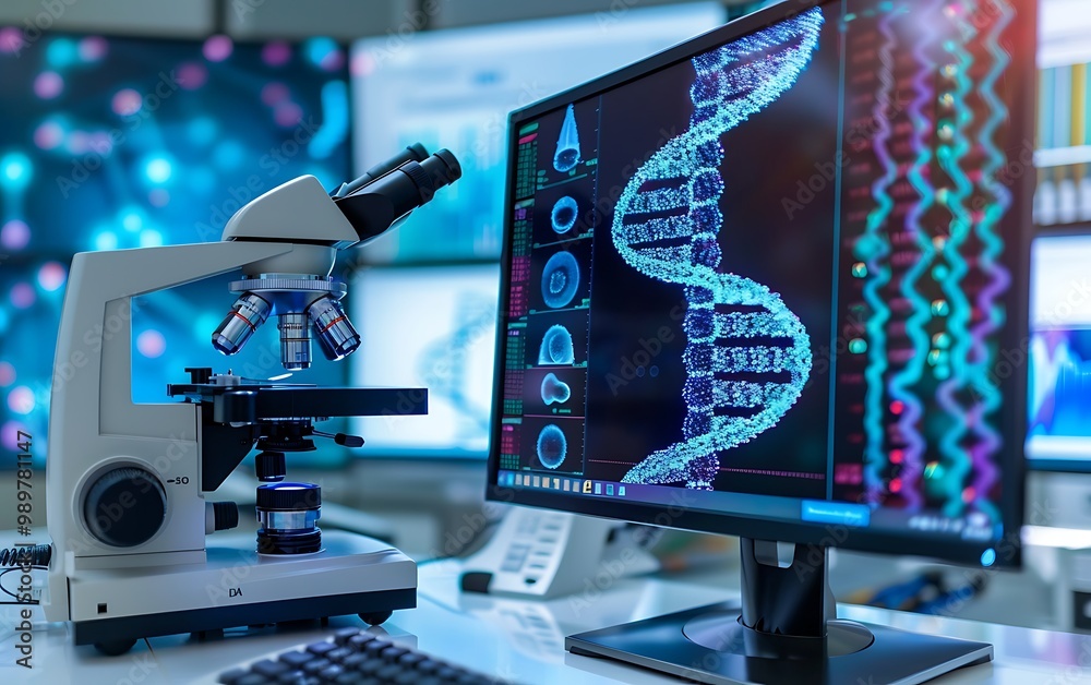 Microscope and human DNA model on computer screen. Science and ...
