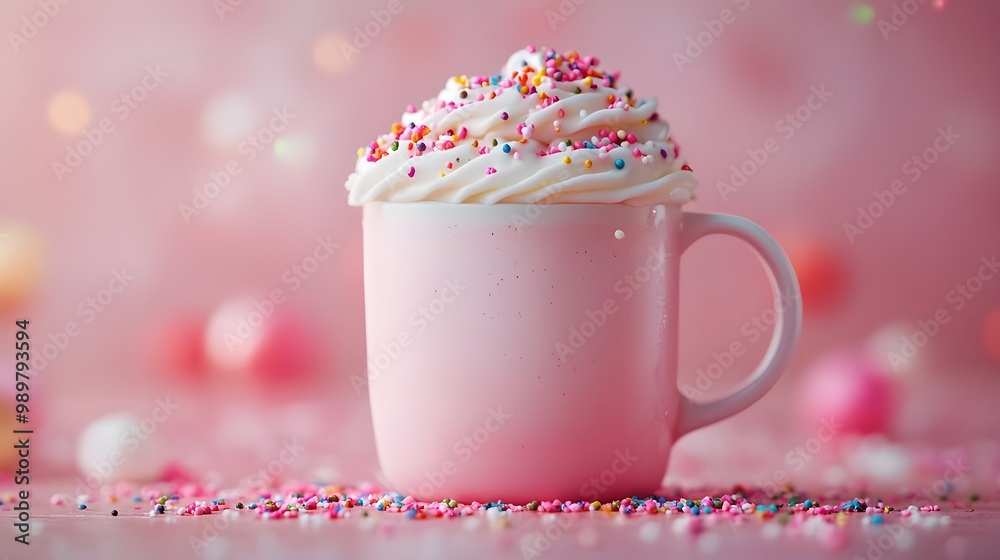 Cup of coffee with whipped cream and sprinkles on pink background ...
