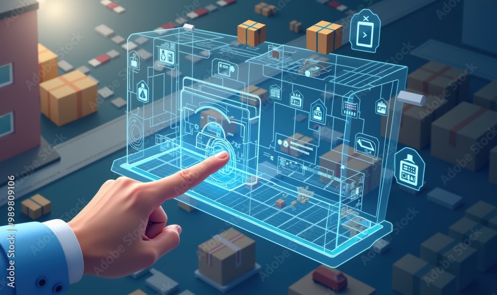 A hand interacts with a futuristic digital interface, displaying ...