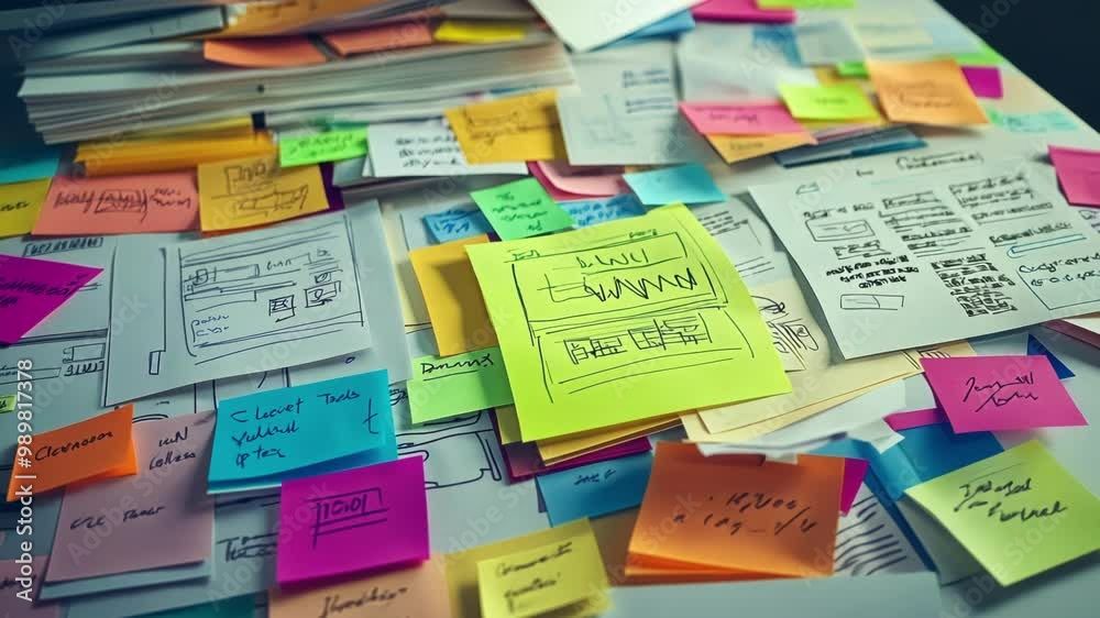 Camera moving over a table covered with colorful sticky notes and ...