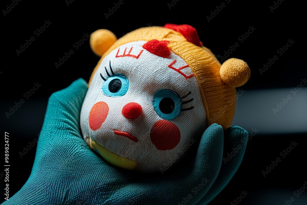 Close-up of creepy clown doll head held in hand with unsettling wide ...