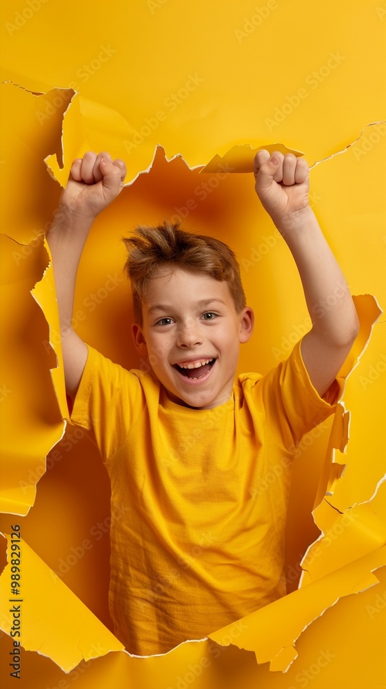 Joyful energy bursts through torn yellow paper as young boy in matching ...