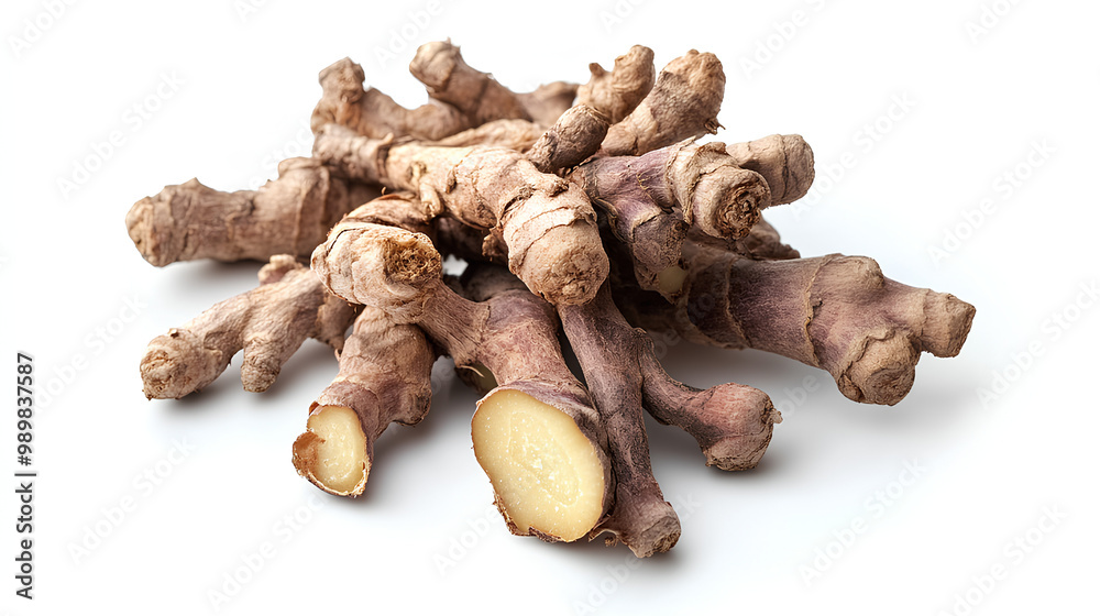 Alpinia galanga or blue ginger dried root on white background Stock ...