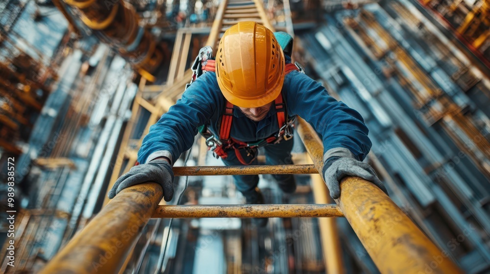 Worker wearing a hard hat and safety harness, climbing a ladder on an ...