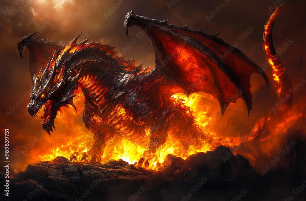 Giant fire dragon spreading its wings over lava and fire Stock ...