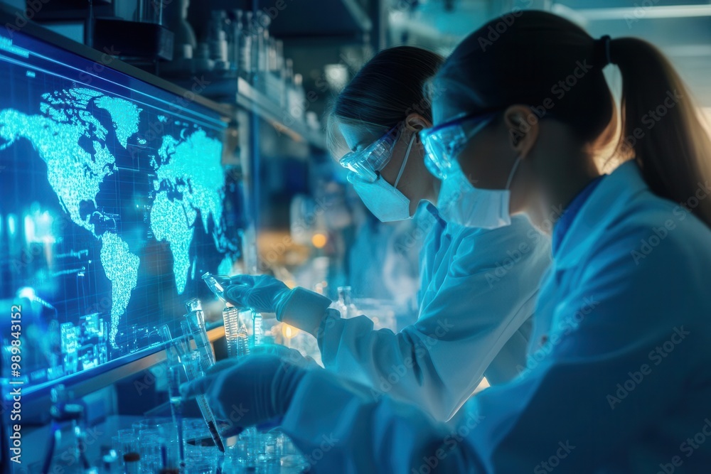 Researchers tracking virus spread patterns on a global map in an ...