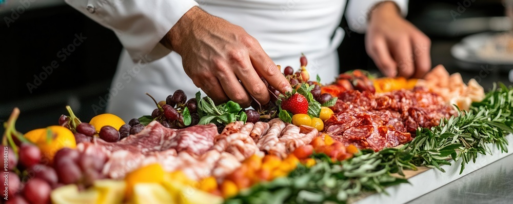 Chef preparing a colorful charcuterie board with cured meats, fresh ...
