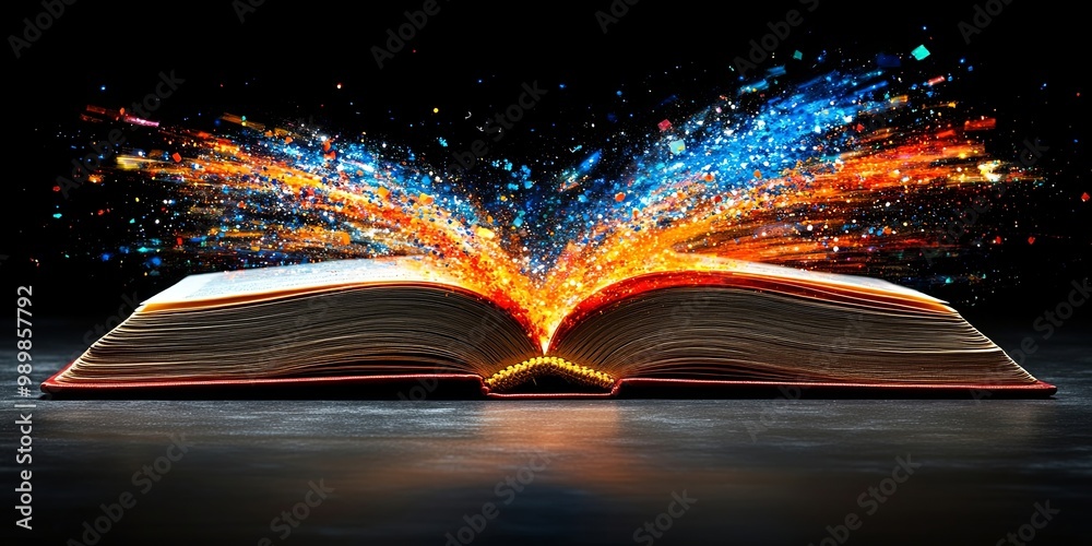 An Open Book Emitting A Glimmering Stream Of Sparkling Light In A Dark ...