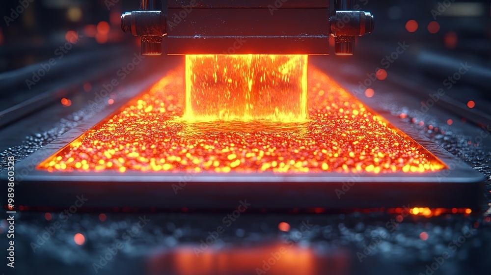 Molten Metal Stream Pouring Into a Conveyor Belt, Creating a River of ...