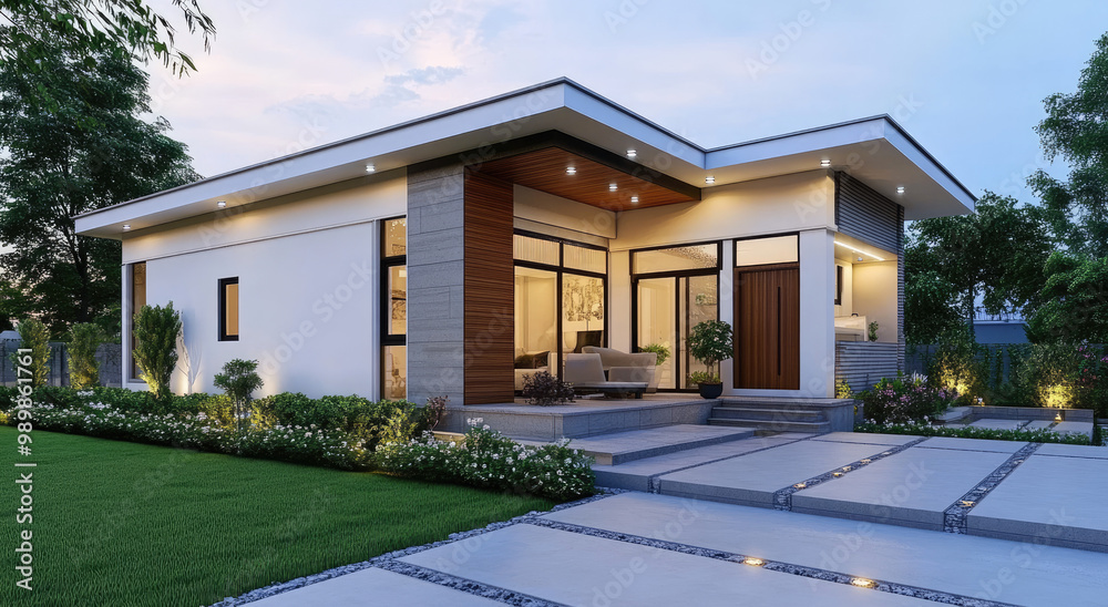 a simple, modern one-story bungalow house with a small garden and front ...