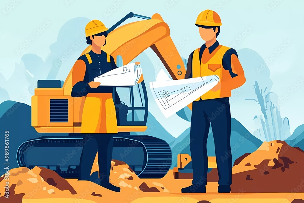 Illustration of two people in uniform, one holding blueprints and the ...