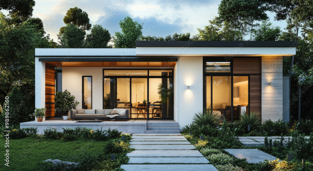 a simple, modern one-story bungalow house with a small garden and front ...