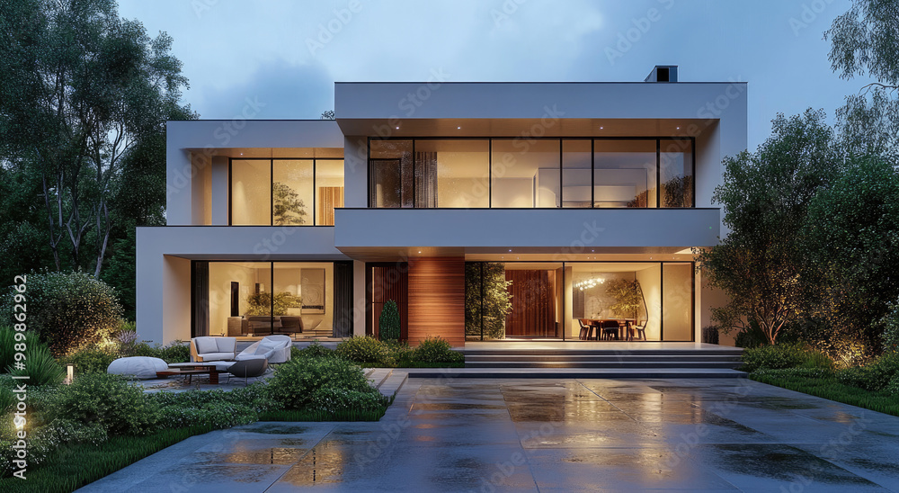 a simple, modern one-story bungalow house with a small garden and front ...