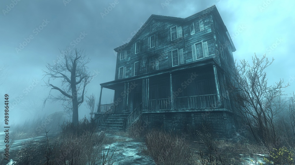 Chilling image of an abandoned haunted house shrouded in fog surrounded ...