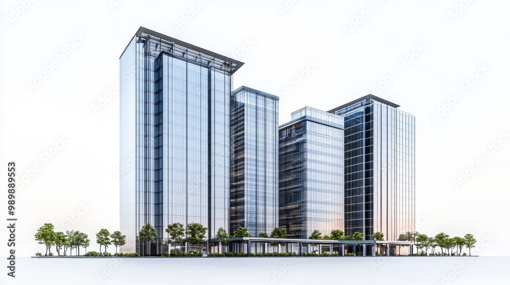 3D rendering of a modern office building complex that combines glass ...