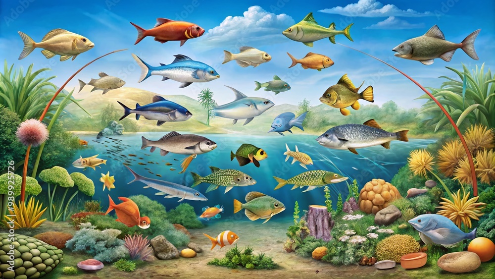 Illustrative Diagram of the Fish Food Chain in Aquatic Ecosystems for ...