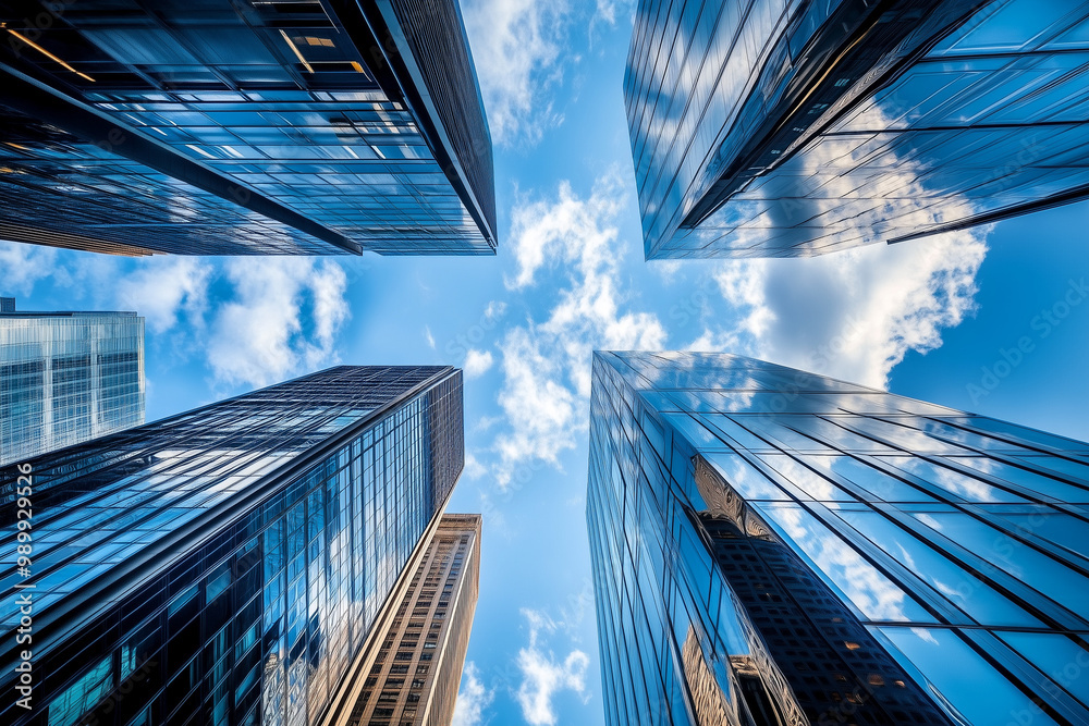 Looking up at modern skyscrapers with glass facades under a bright blue ...