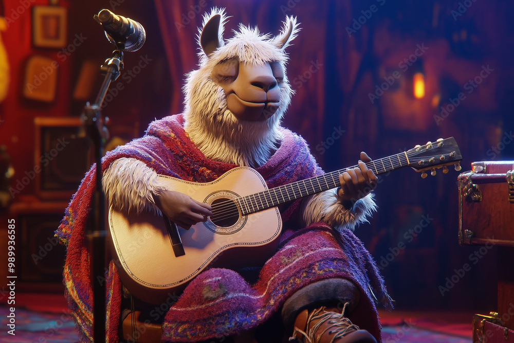 Llama Folk Rocker on Stage with an Acoustic Guitar, Serenading the ...